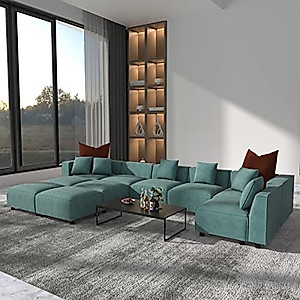 LLappuil Modern Modular Sectional Sofa Set, Low Back Minimalist Style Couch with Ottoman, Soft Fabric 10 Seater Oversized 153.5" U Shaped Sofa for Living Room, Aqua Blue