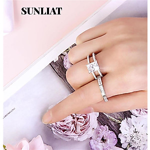 SUNLIAT Engagement Rings for Women Bridal Set,925 Sterling Silver Princess Cut Cubic Zirconia Wedding Band Ring Sets, Promise Rings for Her Simulated Diamond Anniversary Rings