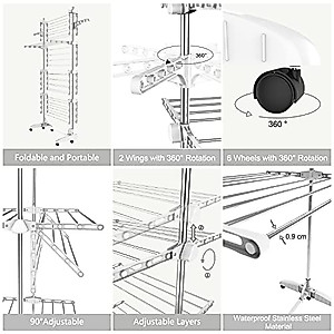 Todeco Laundry Drying Rack, 4 Tier Collapsible Metal Clothes Horses with Two Side Wings, Heavy Duty Clothes Drying Rack Use for Laundry, White