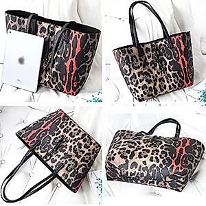 Cayla 2Pcs Tote Bag Handbags for Women PU Leather Shoulder Bag Leopard Print Purses Crossbody Bag Satchel Wallet Casual Bags-Black