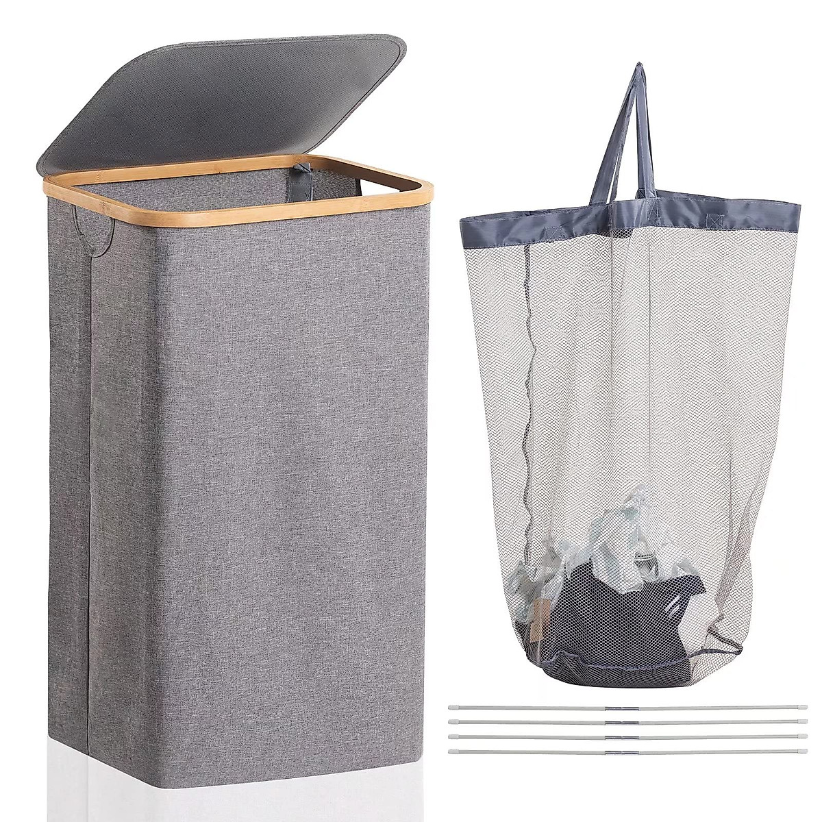 FairyHaus Laundry Basket with Lid, Freestanding Large Laundry Hamper with Lid, Removable Bag & Support Rods, Collapsible Dirty Clothes Hampers for Laundry with Easy Carry Bamboo Handles, Tall, Grey