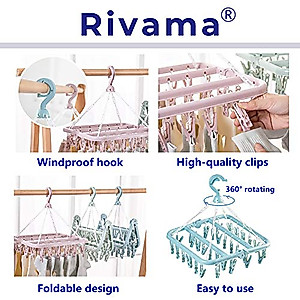 Rivama Clothes Drying Hanger with 32 Clips,Baby Clothes Drying Rack,Sock Clips for Laundry Foldable Clothes Hangers for Drying Socks,Towels,Underwear,Bras,Diapers,Baby Clothes,Gloves,Hat (Light Blue)