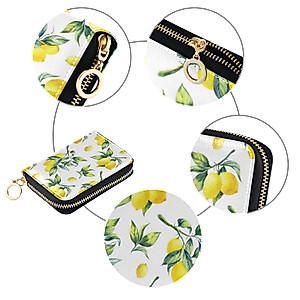 Yellow Lemon With Green Leaves Seamless On White Grey Credit Card Coin wallet, RFID Blocking Compact Women Leather Card Holder, Key Change Organizer, Zipper Purse Clutch Pouch Pocket