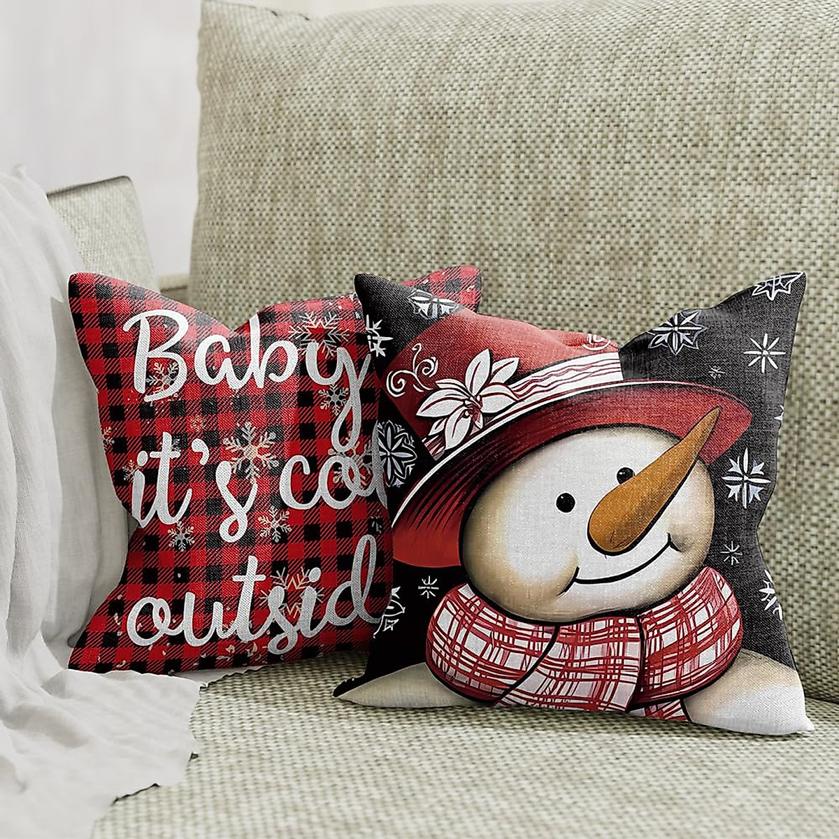 DOTOOMA 18 x 18 inches Christmas Snowflake Snowman Santa Claus Decorative Red Black Buffalo Check Plaid Throw Pillow Cover Set of 4 Let It Snow Baby It's Cold Outside Home Supplies