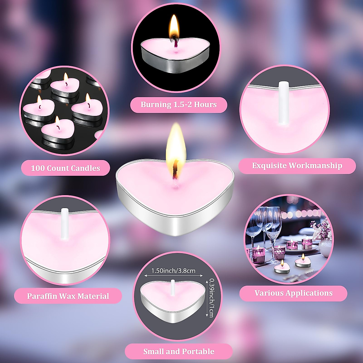 Threlaco 100 Sets Wedding Gifts for Guests 100 Heart Shaped Candles Mini Candles Wedding Candle Gifts for Guests 100 Thank You Cards and Organza Bags for Wedding Party Favors (Love, Pink)