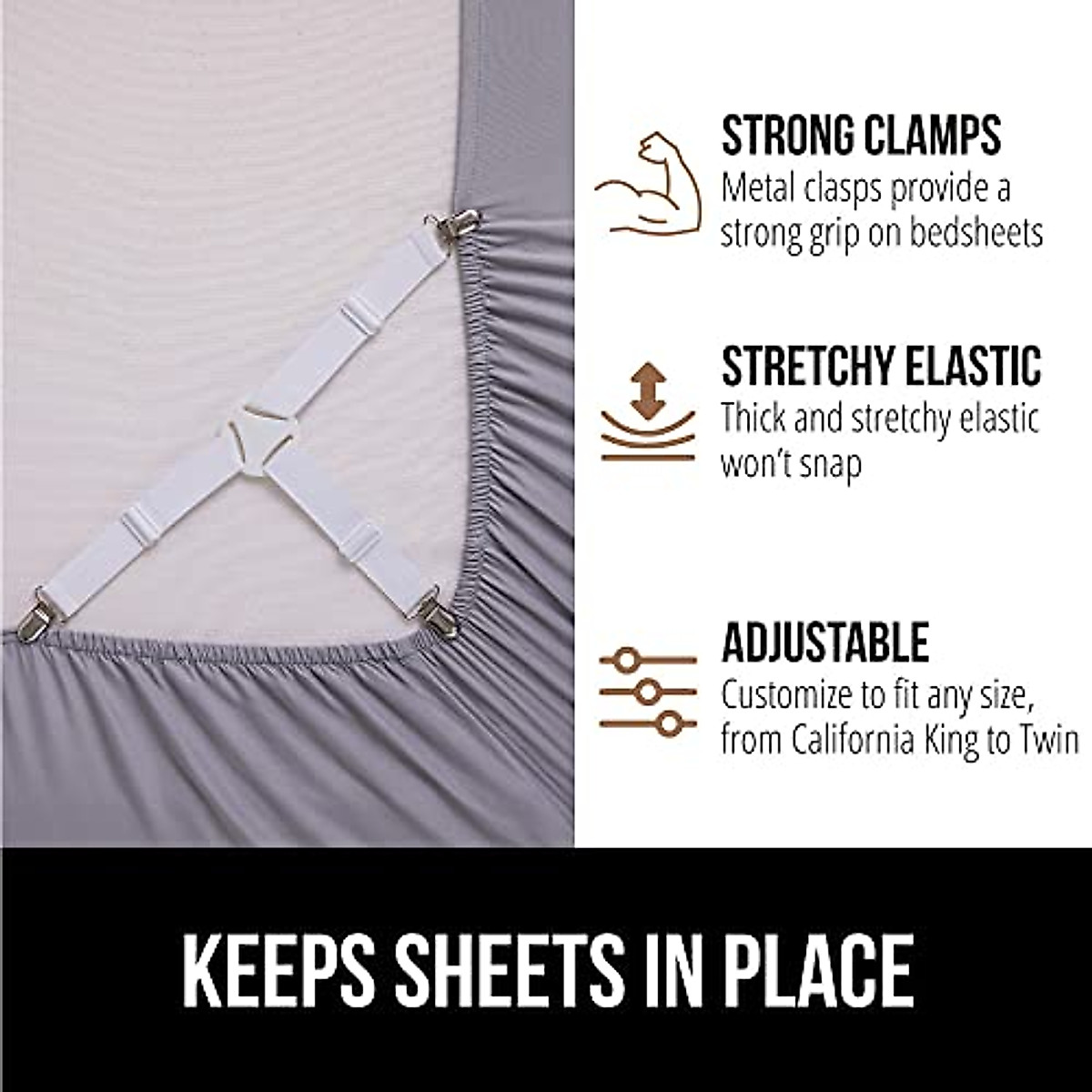 Gorilla Grip Bed Sheet Straps, Adjustable Elastic Fasteners with Metal Clips, Keep in Place Fitted Bedding Holder, Easy Install Suspenders Mattresses, Firm Tight Accessories, 8 Pack White