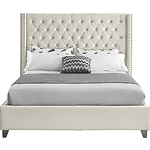 Meridian Furniture Aiden Collection Modern | Contemporary Velvet Upholstered Bed with Deep Button Tufting, Solid Wood Frame, and Custom Chrome Legs, Full, Cream