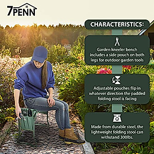 7Penn Garden Stool - 2 in 1 Garden Kneeler and Garden Work Seat Green Foldable Stool with Pouches and Cushioned Seat