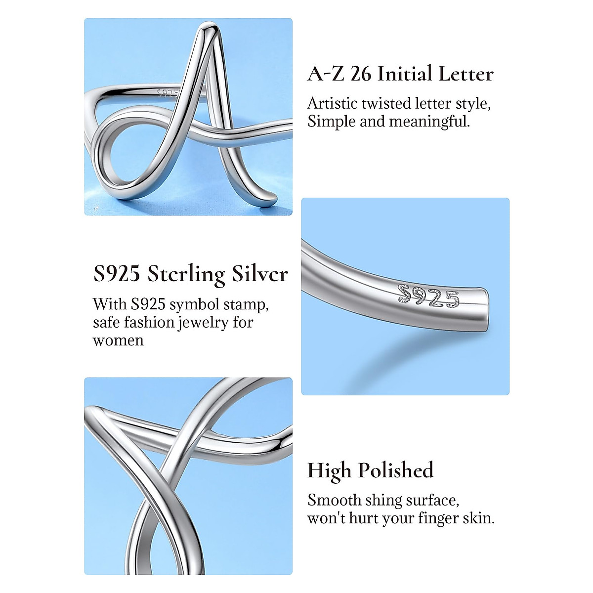 SILVERCUTE Cute Silver Initial Ring Open Adjustable Women Stackable Rings|925 Sterling Silver A-Z 26 Letters Initial Name Rings for Women(Alpahbet A)