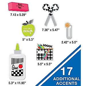 Schoolgirl Style Black, White and Stylish Supplies Bulletin Board Set?Notepad, Pencils, Pencil Pouches, Apple, Paper Clips, Scissors, Eraser, Glue Cutouts (23 pc)