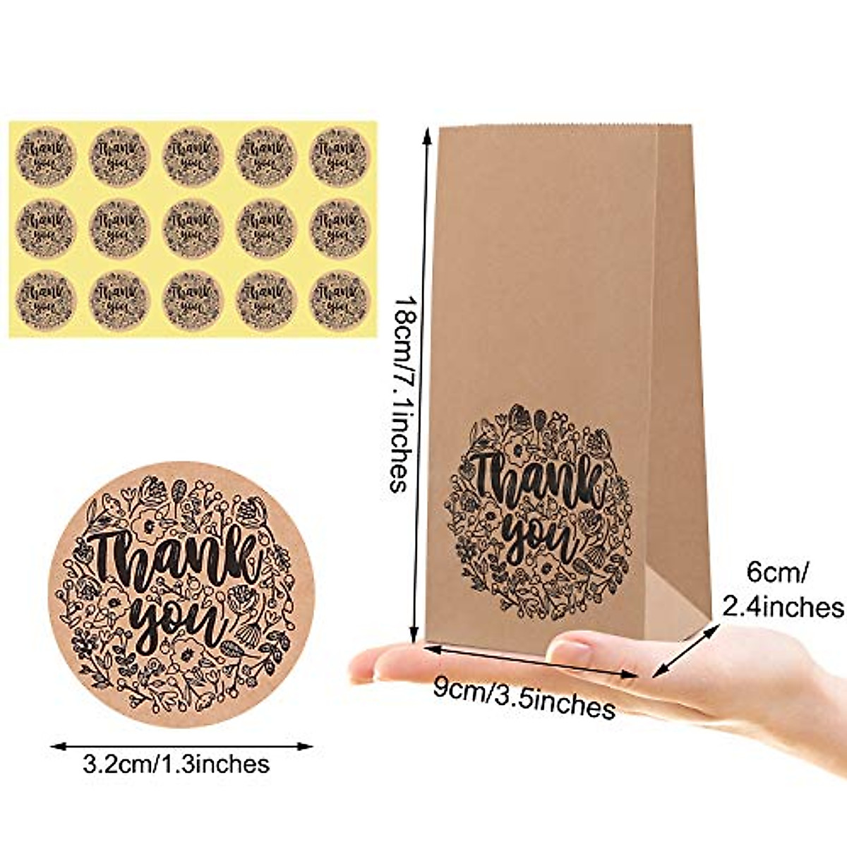 Cooraby 30 Pieces Mini Thank You Party Bags 3.5x2.4x7.1 Inches Thanksgiving Brown Gift Paper Bags Lunch Flat Bottom Kraft Paper Bags with 45 Pieces Thankyou Stickers