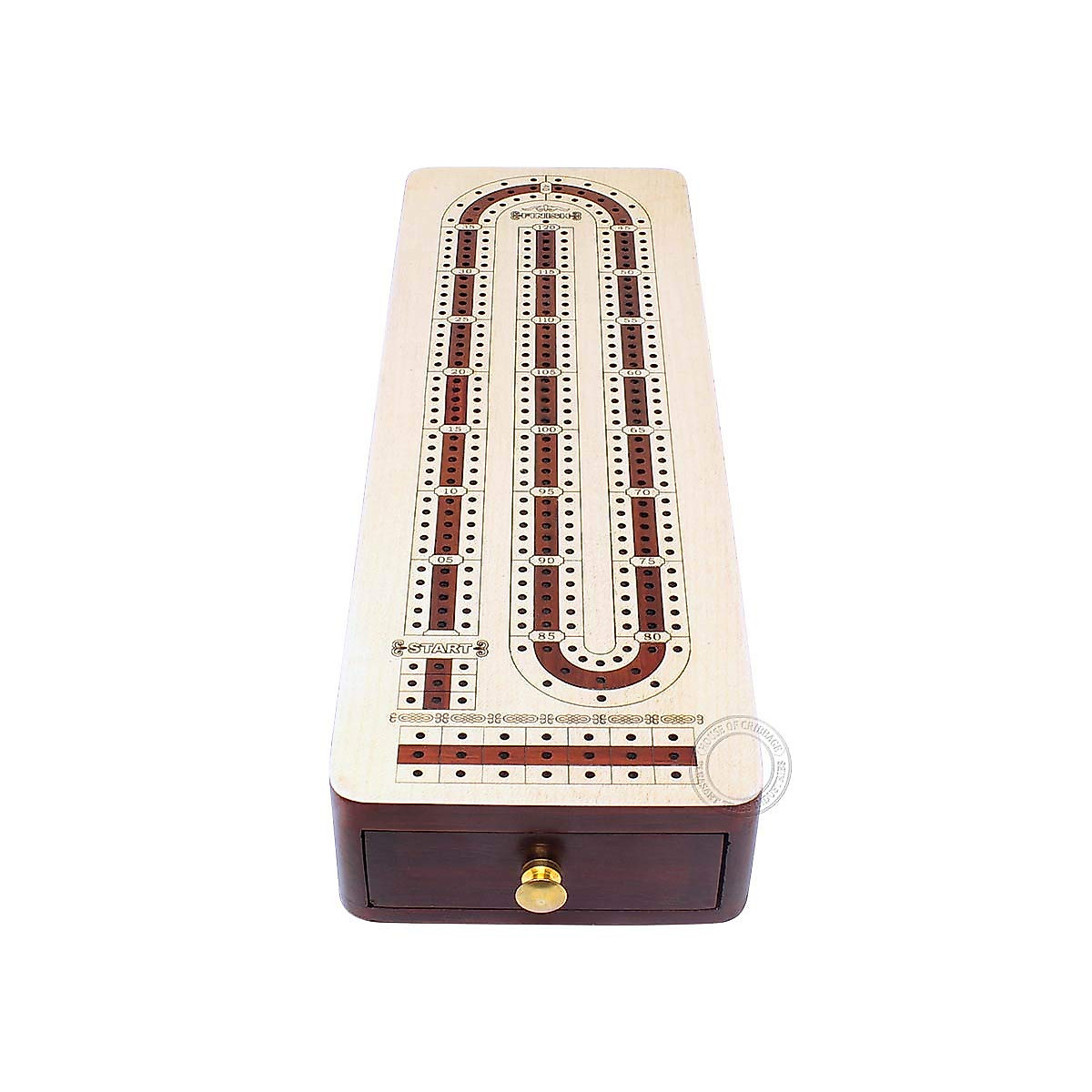 House of Cribbage Continuous Cribbage Board Alphabet e Shape Inlaid in Maple and Bloodwood with Storage Drawer for pegs and Cards - 3 Tracks
