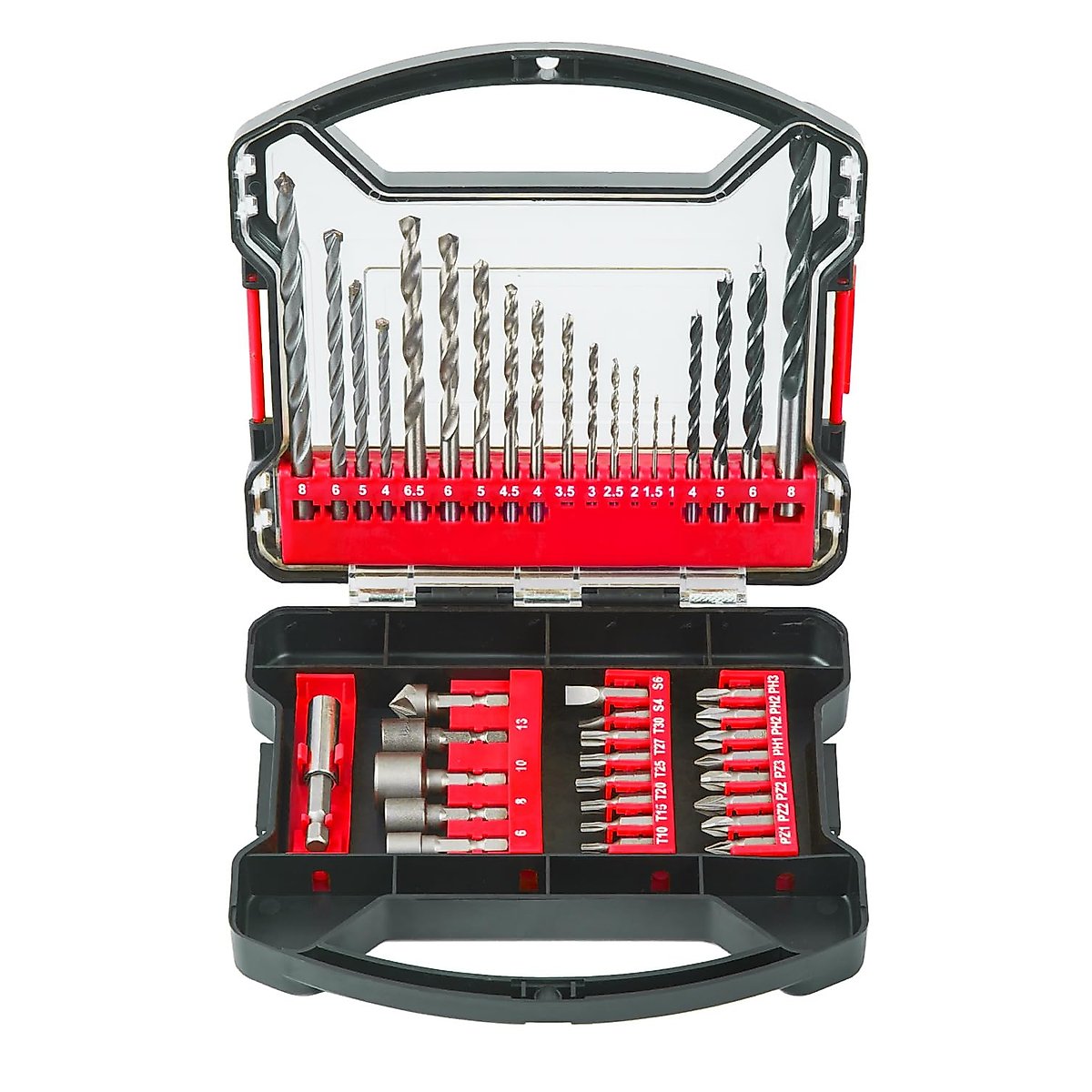 AVID POWER 41 PCS Drill Bit Set, Brad Point Drill Bits, High Speed Steel Twist Drill Bit and Screwdriver Bit Combo Kit for Metal, Wood and Masonry-RED