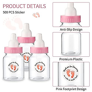 48 Pieces 1.5 x 3.5 Inch Baby Shower Mini Milk Bottle with 500 Adhesive Thank You for Showering Stickers, Small Pink Baby Shower Bottle Plastic Fillable Gift Boxes DIY Baby Shower Party Favor