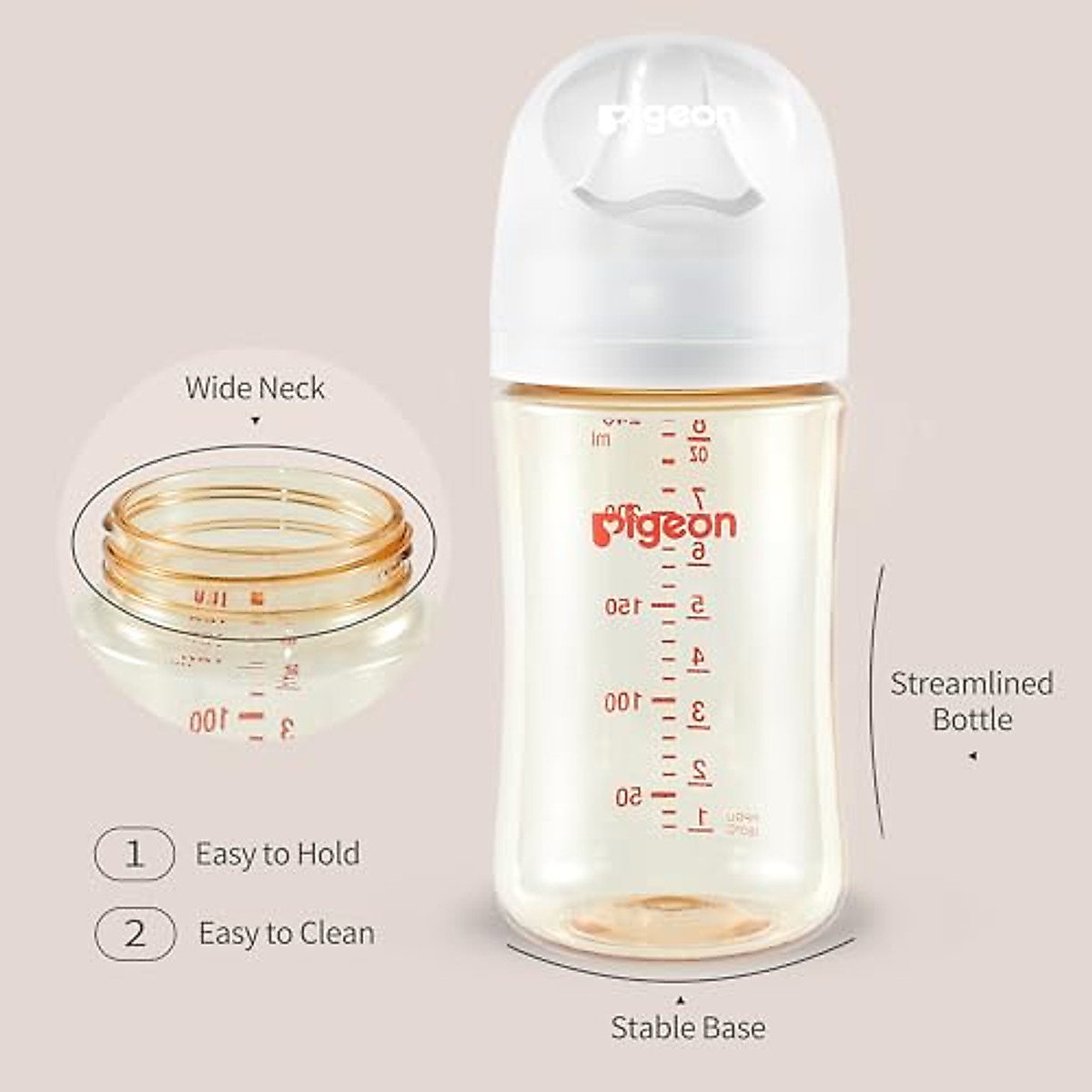 Pigeon PPSU Nursing Baby Bottle Wide Neck, Streamlined Body, Natural Feel, Easy to Clean, 8.1 Oz(Pack of 2), Includes 2pcs M Nipples (3m+)