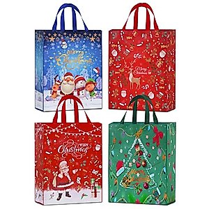 AhfuLife 4PCS Extra Large Christmas Gift Bags, 21.2'' x 16.1''x 6.3'', Jumbo Christmas Tote Bags with Handles, Reusable Non-woven Christmas Shopping Bags for New Year, Xmas's Party Supplies Decoration