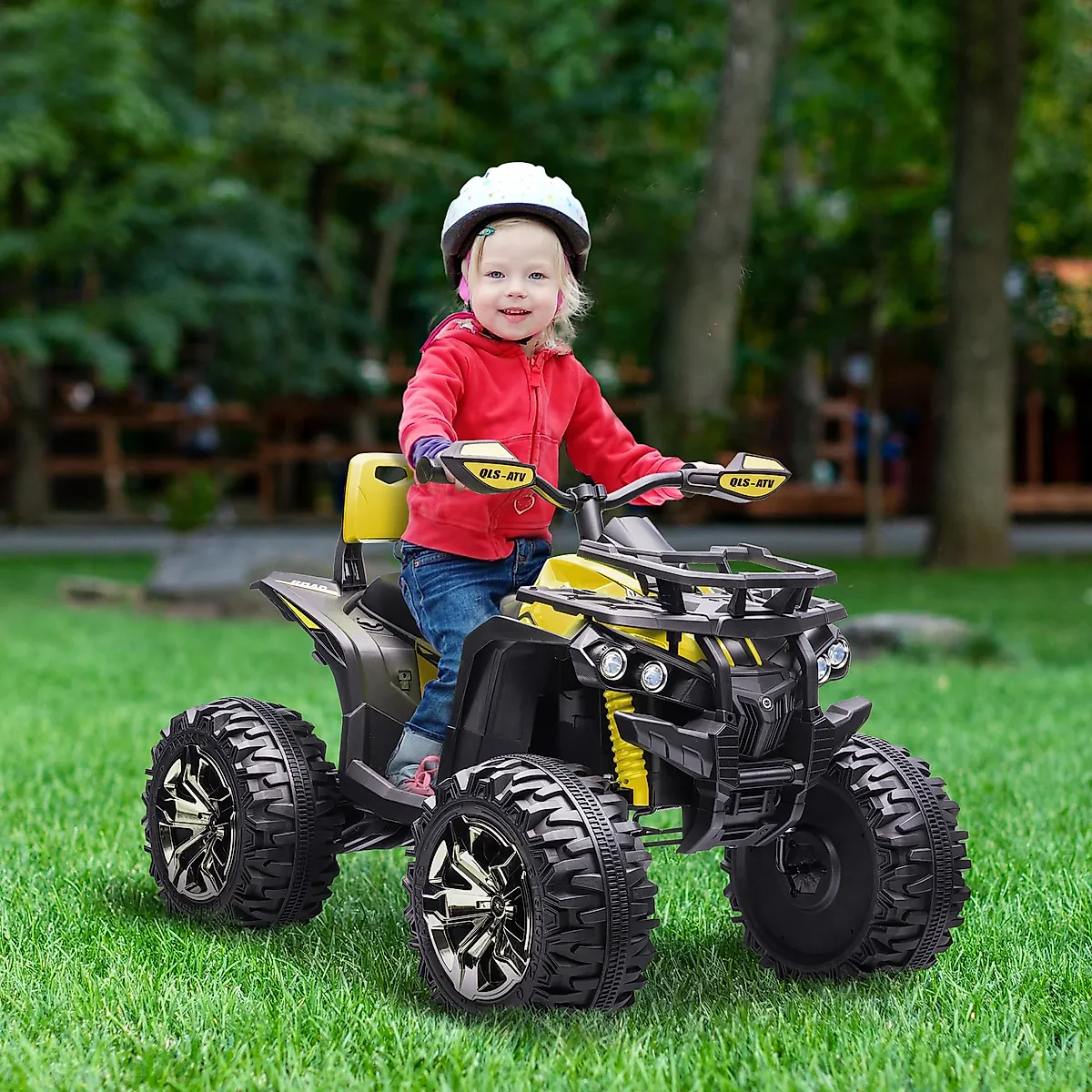 Aosom 12V Kids 4 Wheeler, Ride on ATV for Kids with Music, Realistic Headlights & Wide Wheels, Electric Quad Car for Boys and Girls, Yellow