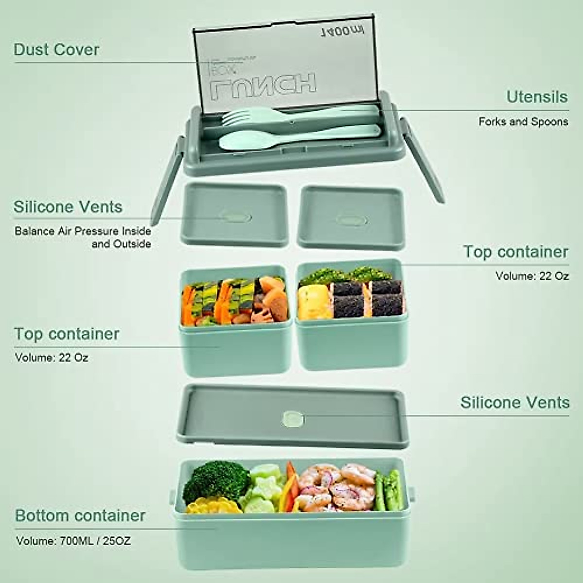 Bento Box Adult Lunch Box, 2 Layer Stackable Bento Lunch Containers for Adult with 3 Compartments, BPA-FREE Bento Lunch Box with Utensil(49 Oz), Leak-Proof Salad Box Microwave Safe Bento Box