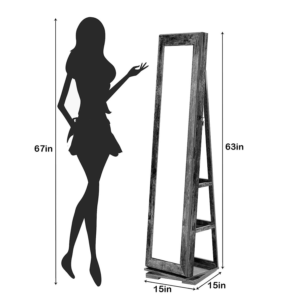 soges 360° Swivel Jewelry Mirror Cabinet with Back Storage Shelves, Full Length Mirror with Jewelry Storage, Standing Rotating Jewelry Organizer Armoire Lockable, White