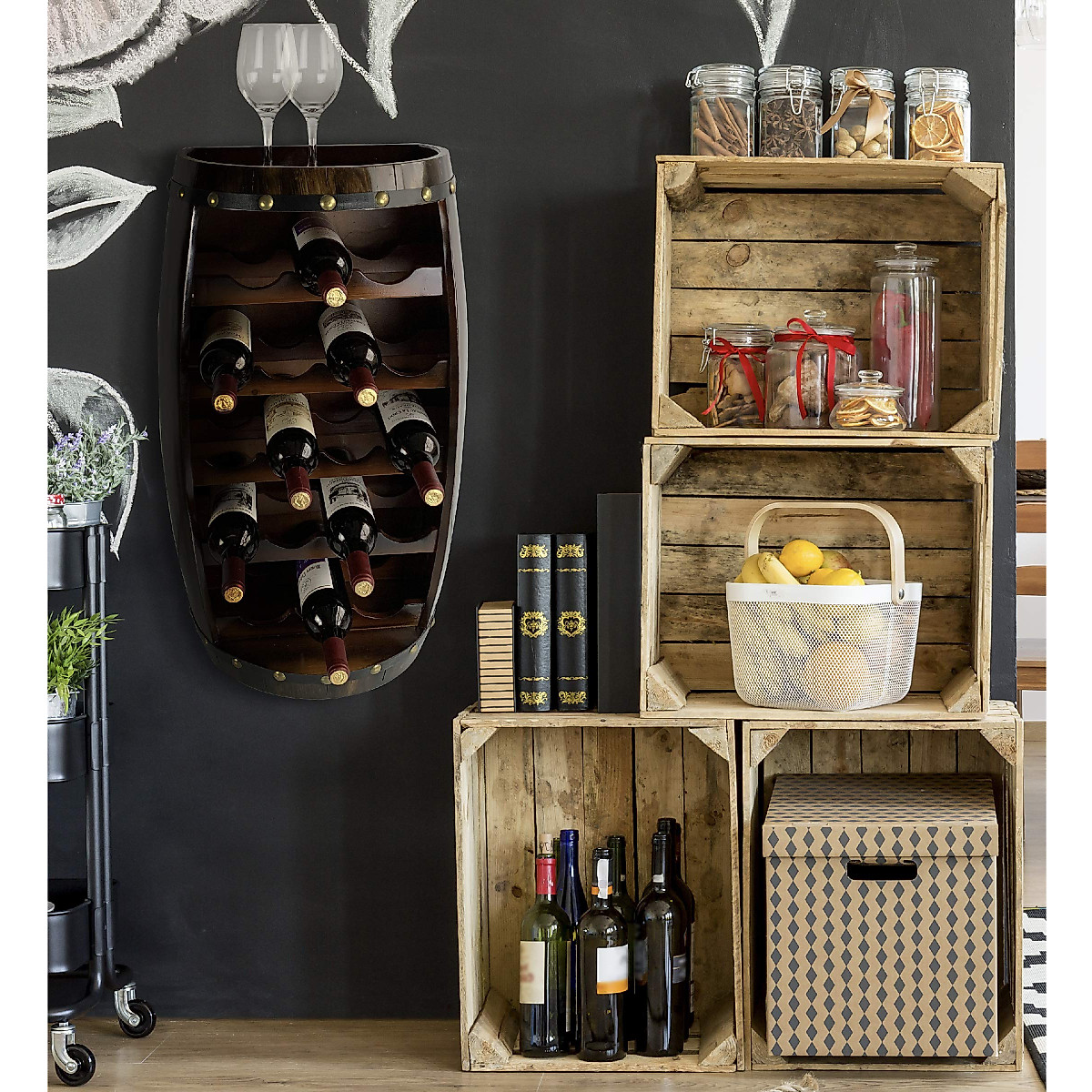 CoTa Global Alexander Wall Mounted Wine Rack - 18 Wine Bottles Freestanding Wooden Barrel Wine Holder, Hanging Bottle Rack or Floor Stand, Rustic Wine Storage Shelf Organizer for Wine Bar & Home Décor