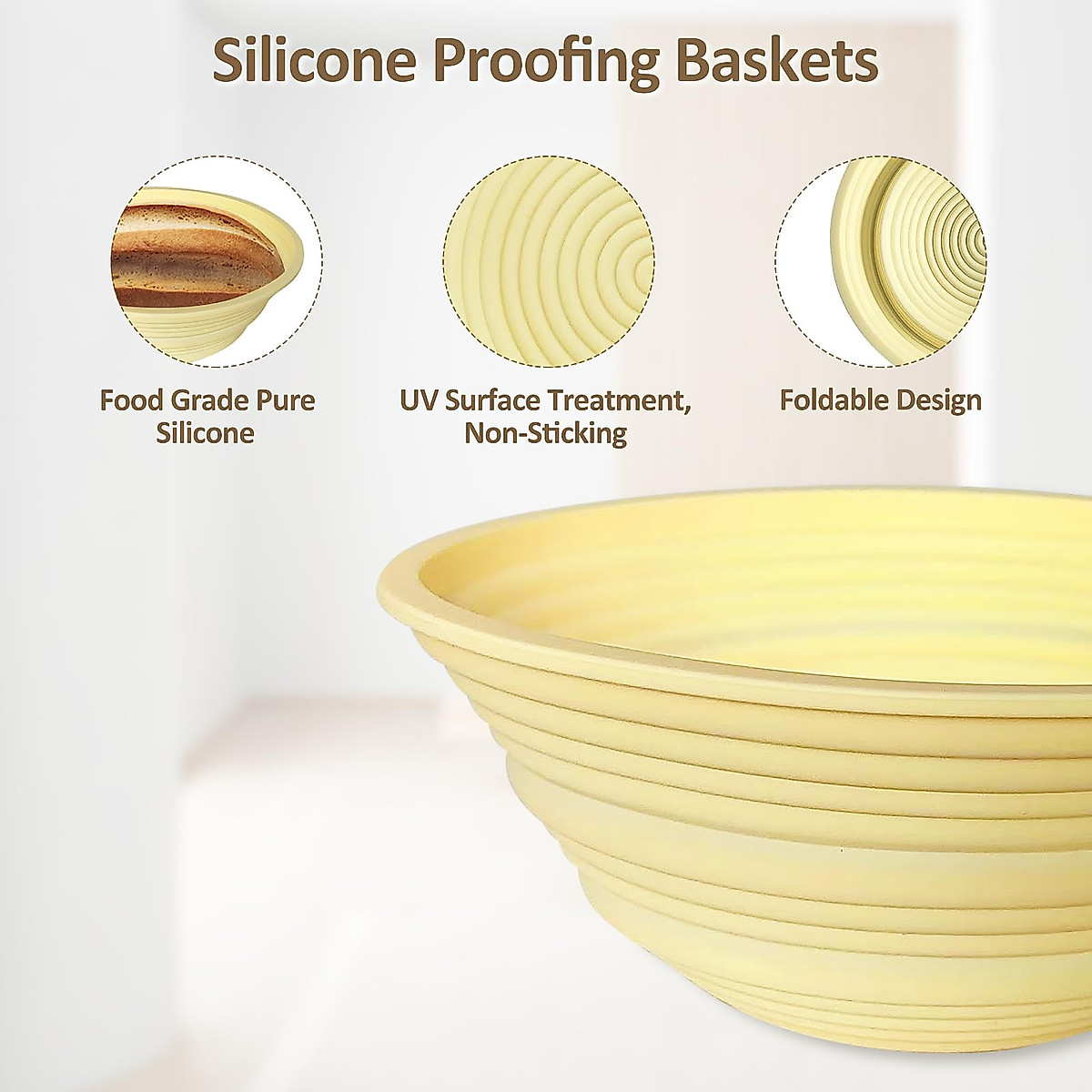TMYIOYC Silicone Sourdough Bread Baking Supplies, 10 inch Oval & 9 inch Round Sour Dough Starter Kit, Foldable Banneton Bread Proofing Basket, Set of 2 Proofing Bowls for Sourdough Bread Baskets