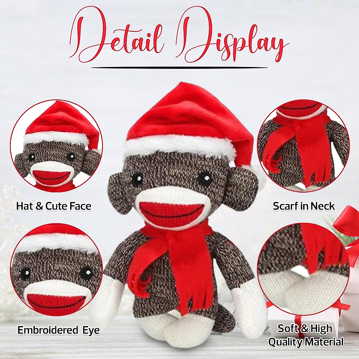 Plushland Sockiez Christmas Sock Monkey 6 Inches, with Santa Hat - Stuffed Animals Toy, Best Xmas Gift for Kids, Girls, Boys On This Holiday (Christmas)