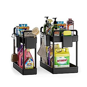 2 Pack Under Sink Organizer, 2 Tier Kitchen Under Sink Cabinet Organizers and Storage with Cups and Hooks, Black Bathroom Under Sink Shelf Organizer Basket, Multi-purpose Under Sink Storage