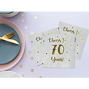 Cheers to 70 Years Cocktail Napkins | Happy 70th Birthday Decorations for Men and Women and Wedding Anniversary Party Decorations | 50-Pack 3-Ply Napkins | 5 x 5 inch folded (White)