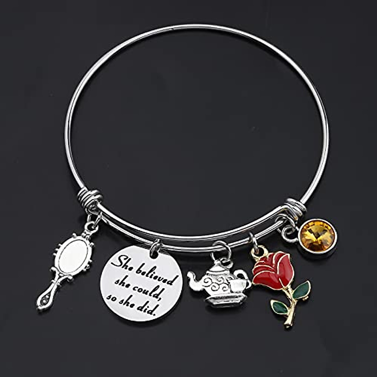 FAADBUK Movie Inspired Bracelet She Believed She Could So She Did Belle Princess Jewelry Inspiration Gift for Her (Beauty and The Beast Bracelet)