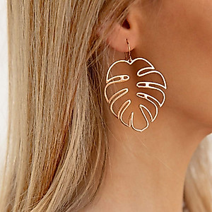 Doubnine Palm Leaf Earrings Large Monstera Rose Golden Line Dangle Earrings Bohemian Summer Festvial Jewelry for Women (rose golden)