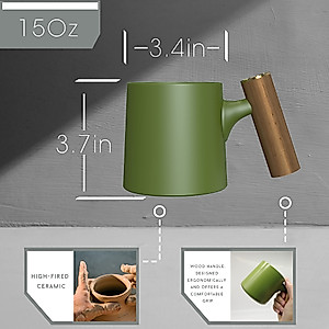 DHPO Artisan Series Matte Ceramic Coffee Mug Tea Cup T Shape with Large Beautiful Wooden Handle and Lid for Office and Home, 15oz, Green