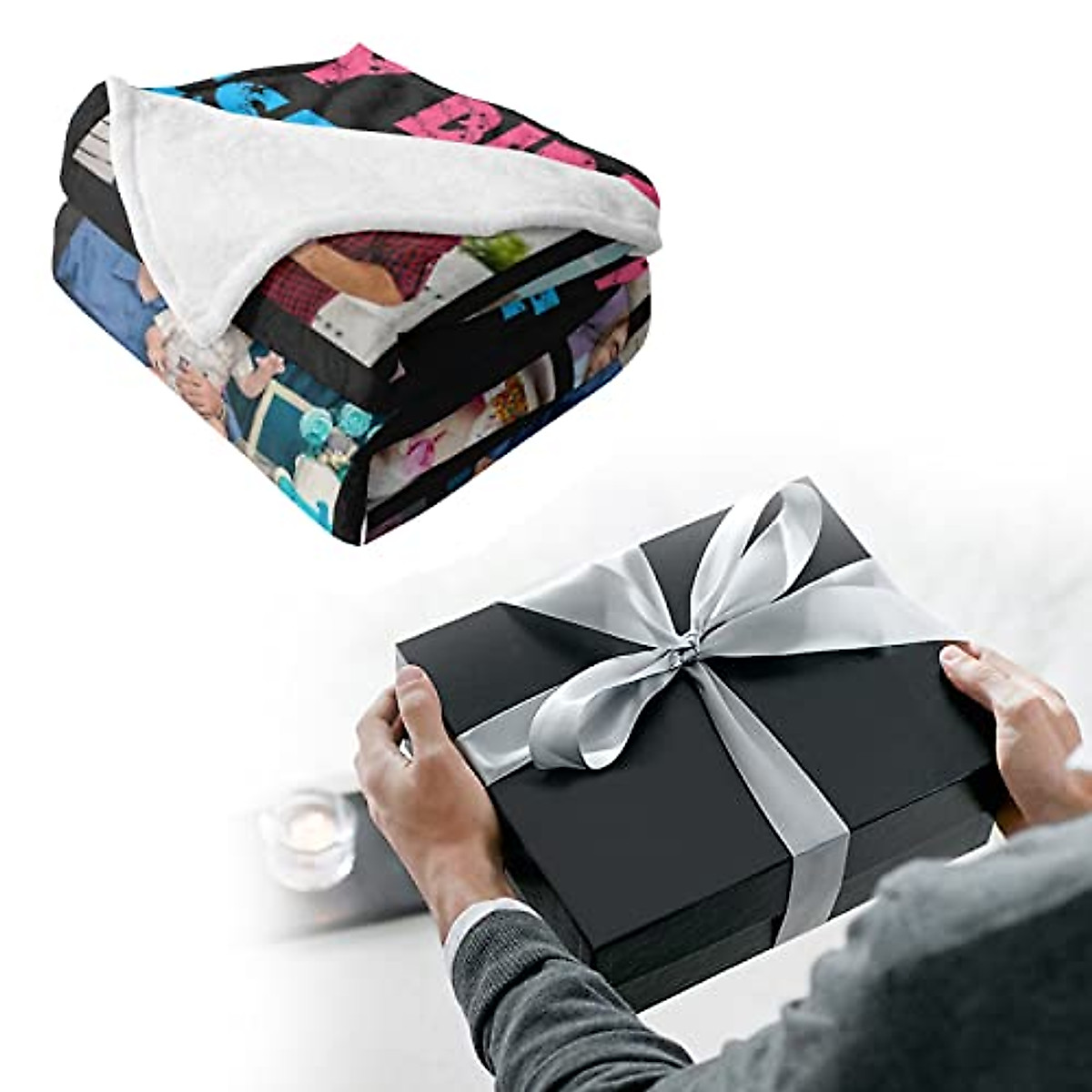 Custom Blanket with Photos Blankets 60'' x 80'' Personalized Picture Collage Name Text Bedding Blanket Birthday Christmas Halloween Valentines Gifts for Adults Kids Mom Family Couples Father