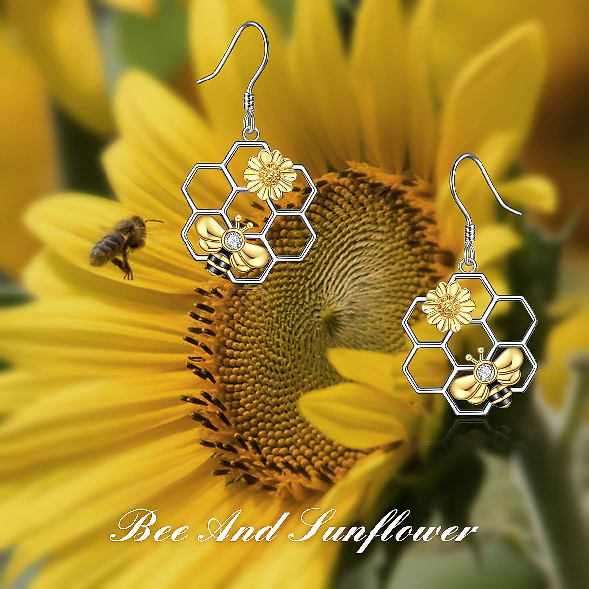 LUHE Honeycomb with Bee Stud Earrings 925 Sterling Silver Beehive and Bee Earrings for Women (bee earrings) (B-Bee earrings)