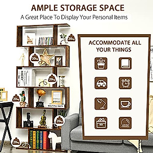 Augester 6-Tier Bookshelf, Wood S-Shaped Bookcase with Anti-toppling Device, Freestanding Display Shelf for Living Room, Bedroom, Office (Coffee)