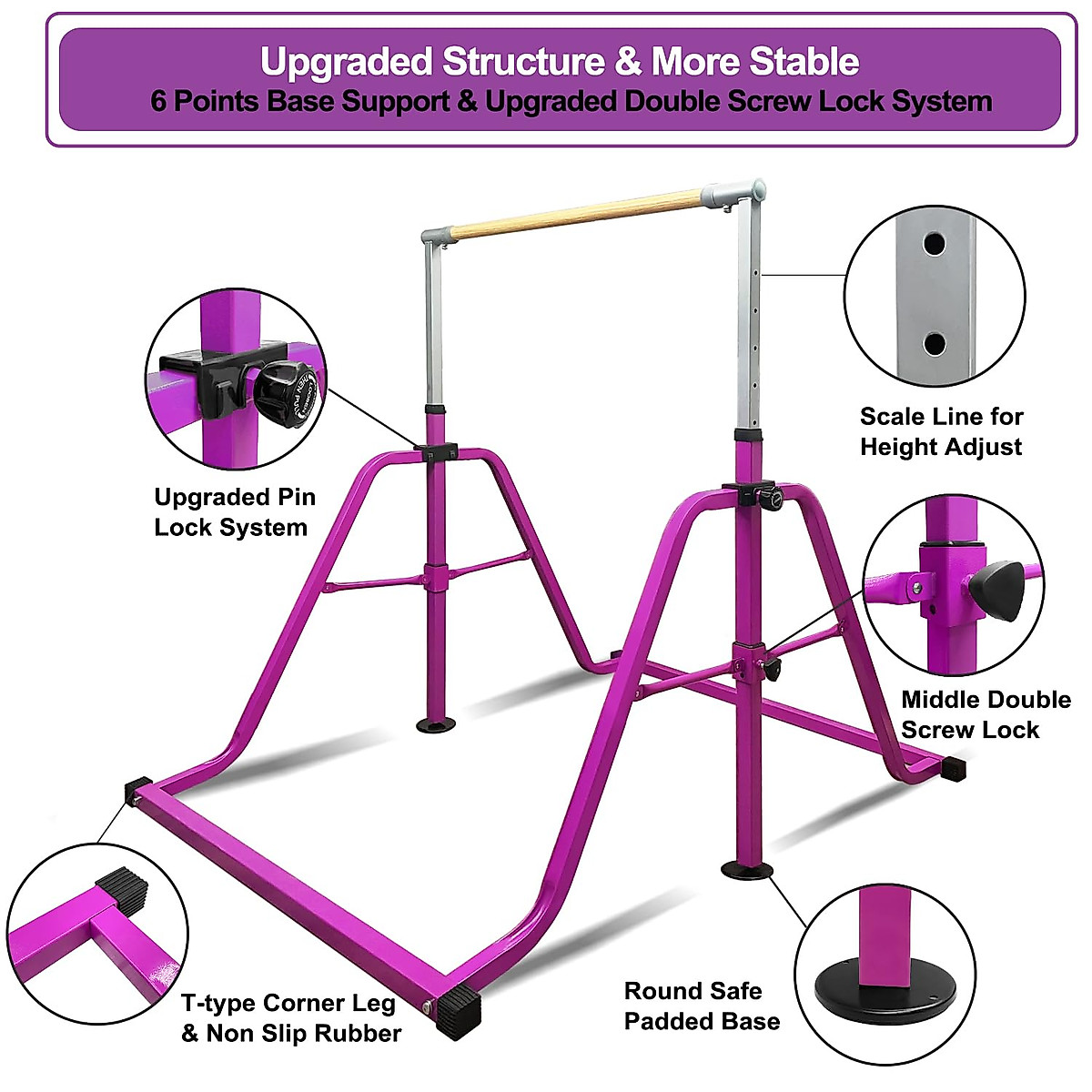 kechery Foldable & Moveable Gymnastics Horizontal Bar with Rings,3’to 5’Adjustable Height Expandable Junior Kip Bar for Home,Indoor Gym Equipment for Kids (Foldable Purple with Rings)
