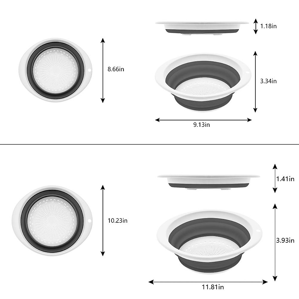 QiMH Collapsible Colander Set of 3-1pc 6 Quart Over the Sink Silicone Strainer - 1pc 4 Quart and 1pc 2 Quart Folding Strainers - Dishwasher Safe(grey&white)