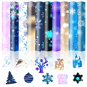 Christmas Winter Snowflake Pattern Heat Transfer Vinyl Rainbow Stripe Pattern Vinyl Vinyl Bundling Roll Soft Metal HTV Vinyl for Ironing Clothes and Other Fabrics Blanks for Projects (A2-I, One Size)