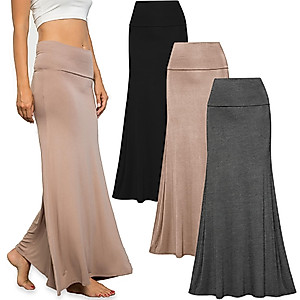 Free to Live 3 Pack Long Skirts for Women Fall Winter Flowy Maxi Skirt High Waist Fold Over (Large, Black, Charcoal, Mocha)