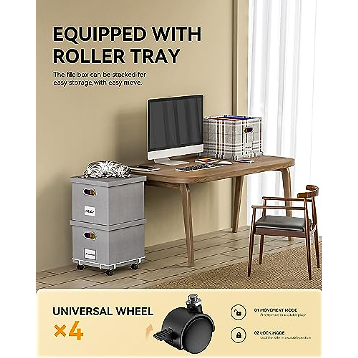 Oterri File Box,Upgraded Filing Box, Easy Slide File Boxes for Hanging Files with Lid,Linen Rolling Filing Cabinet,Portable File Organizer for Letter Size,Collapsible Document Organizer Box with 4
