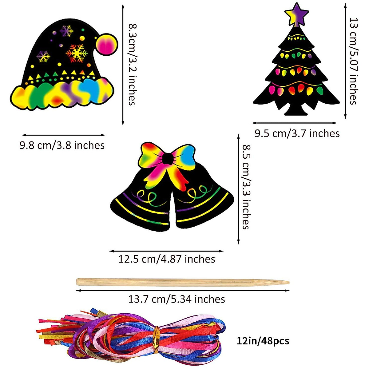 FINGOOO Scratch Art for Kids,48 Christmas Rainbow Scratch Paper Art Set with 12 Wooden Stylus Xmas Craft Decor