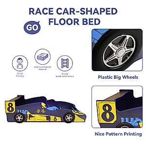 LKTART Twin Size Bed Frame for Kids, Race Car-Shaped Wooden Platform Bed with Headborad Wheels and Support Slats for Boys Girls Toddlers (Red)