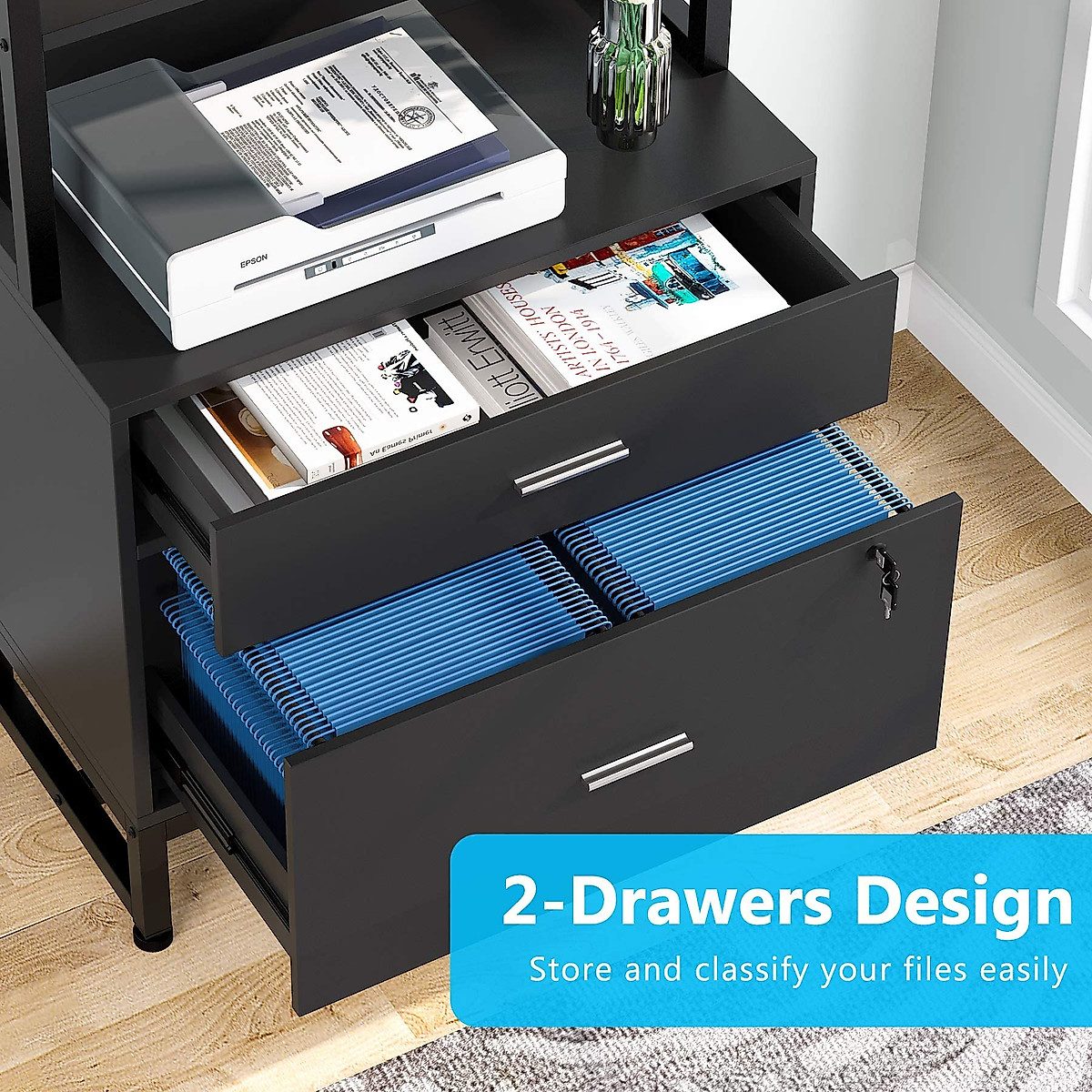 Tribesigns 2 Drawer Lateral File Cabinet with Lock, Letter Size Large Modern Filing Cabinet Printer Stand with Open Storage Shelves for Home Office, Black