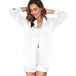 SWOMOG Women's Silk Lounge Sets 2 Piece Outfit Pajama Set Satin Button Down Tops Summer Silk Long Sleeve Shirts with Pocket White