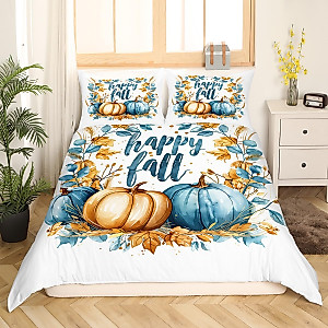 Feelyou Happy Fall Pumpkin Duvet Cover Set Floral Plant Pumpkin Print Bedding Set Queen Size for Teens Boys Girls Bedroom Decor Fall Comforter Cover Soft Quilt Cover for All Season