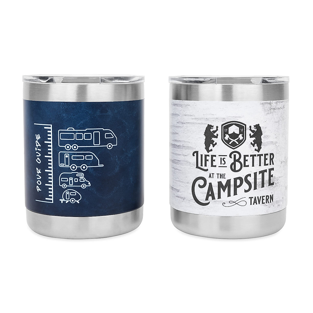Camco Life is Better at The Campsite Lowball Whiskey Tumblers | Stylish and Insulated Drinkware for Favorite Whiskey or Bourbon | 2-Pack (53328)