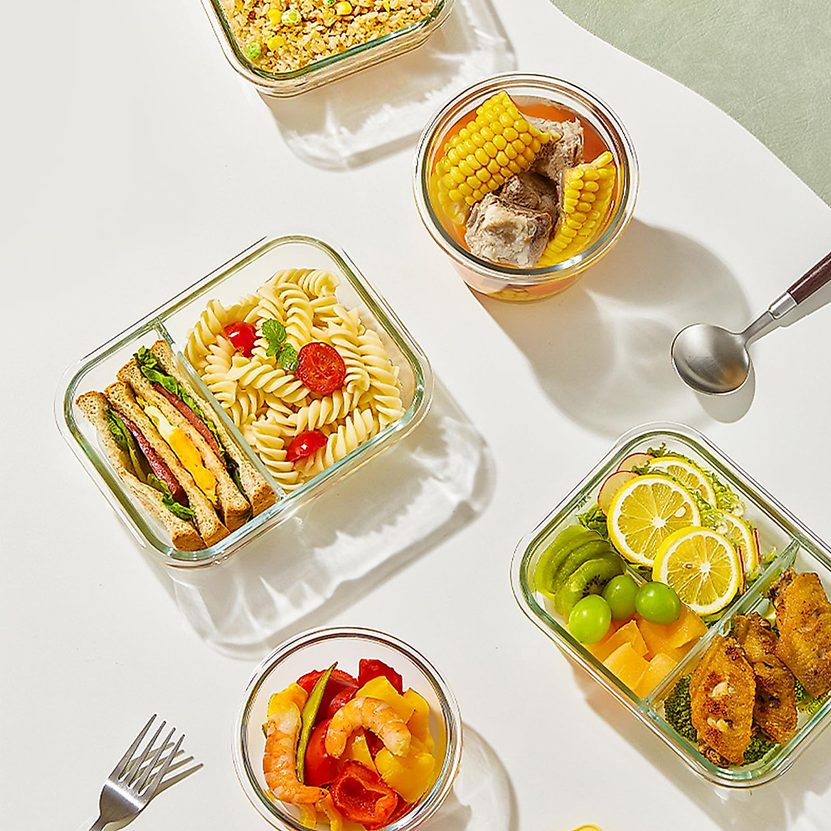 ATRDTO 5Pack35oz Glass Food Storage Containers with Lids-Meal Prep Containers 2 Compartments-Airtight Lunch Containers Bento Boxes with Snap Locking Lids for Microwave Freezer Oven