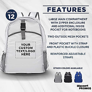 DISCOUNT PROMOS Custom Lightweight Travel Packable Backpacks Set of 12, Personalized Bulk Pack - Perfect for Camping, Outdoor Sports - White