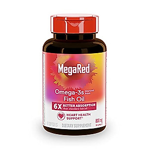 MegaRed Omega 3 Fish Oil Supplement 800mg (per Serving), Advanced 6X Absorption EPA & DHA Omega 3 Fatty Acid Softgels (80cnt Box), Phopholipids, Supports Brain Eye Joint & Heart Health