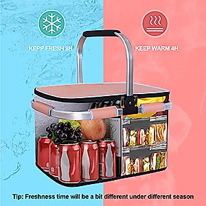 LIQING 35L Large Picnic Basket, Shopping, Travel, Camping Grocery Bags, 2 Layers of Internal Pockets Leak-Proof and Insulated, Folding, Internal Support Does Not Collapse