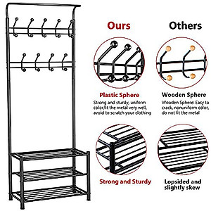Yaheetech 3-in-1 Coat Rack Shoe Bench Entryway Hall Tree with 18 Hooks and 3-Tier Shoe Storage Bench, Metal Coat Hat Stand Rod for Hanging Jacket, Easy Assembly, Black